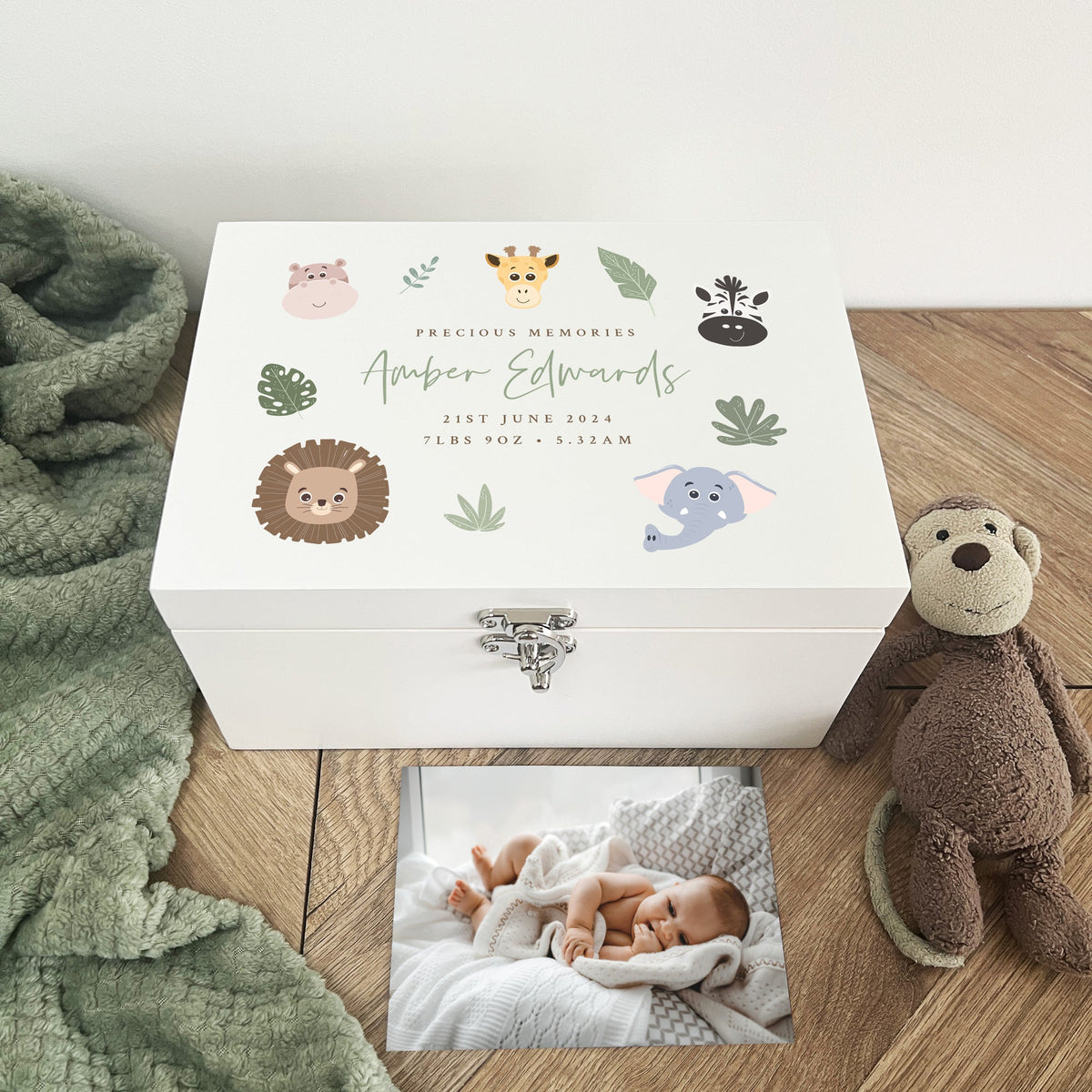 Personalised Jungle Animals New Baby White Wooden Memory Box - 3 Sizes ...
